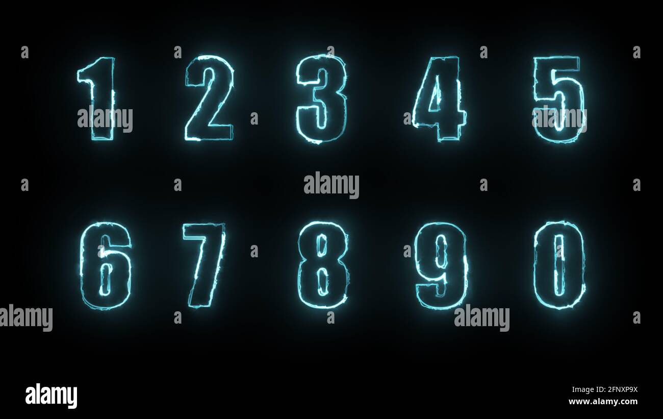 3D rendering glow of contours of numbers on a black background. Neon ...