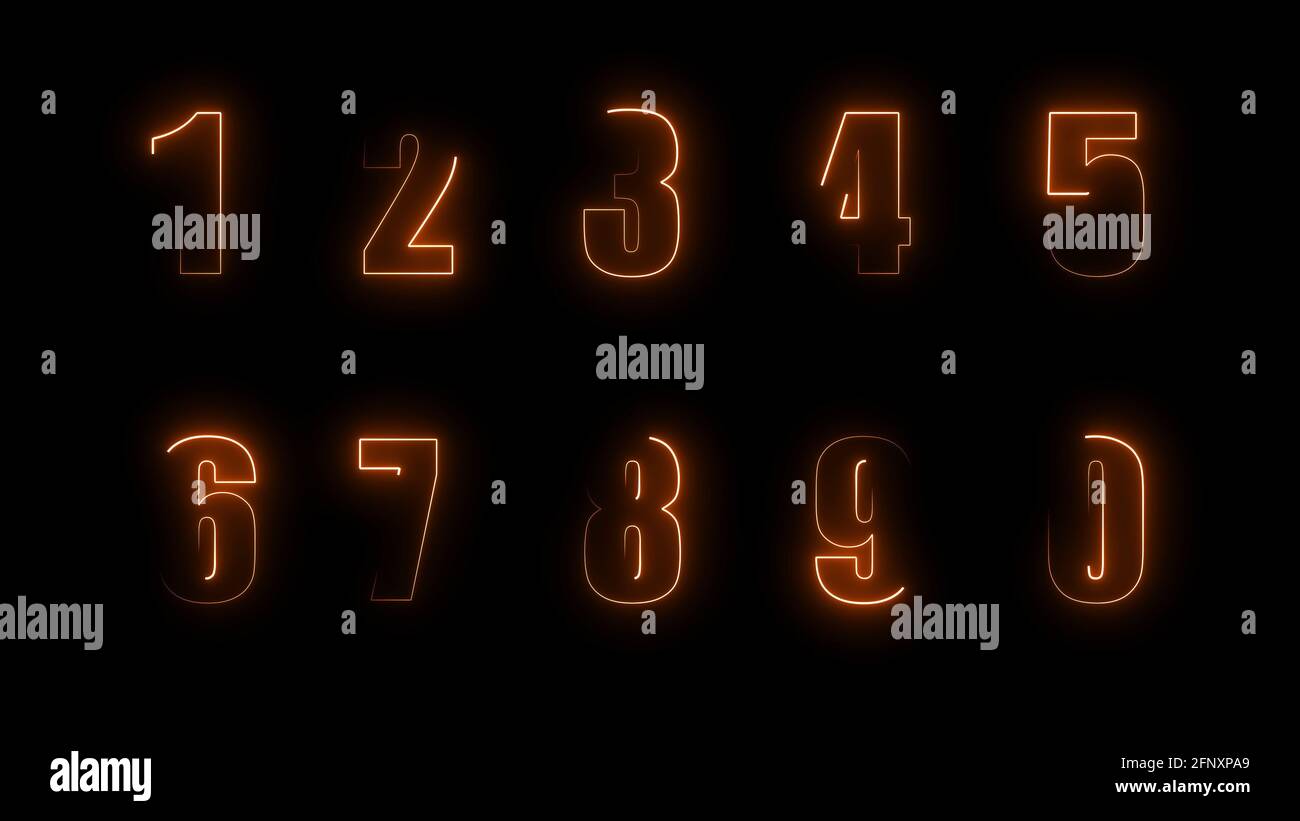 3D rendering glow of contours of numbers on a black background. Neon ...