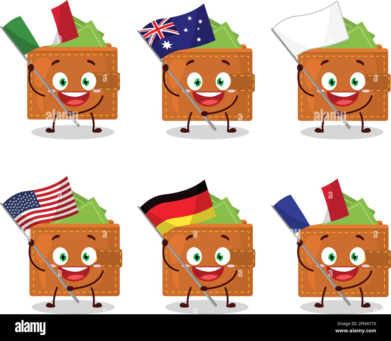 Wallet Cartoon Character Bring The Flags Of Various Countries Vector