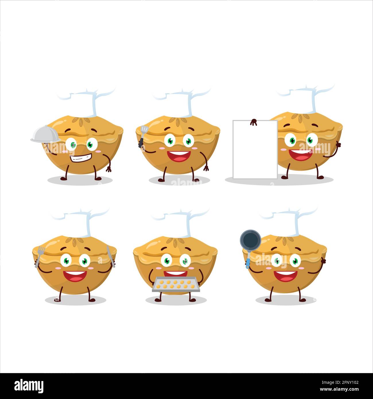 Cartoon character of pie cake with various chef emoticons. Vector ...