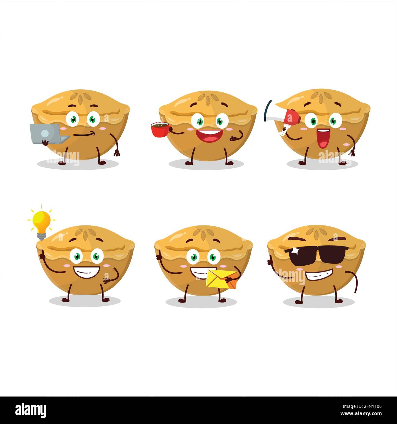 Pie cake cartoon character with various types of business emoticons ...