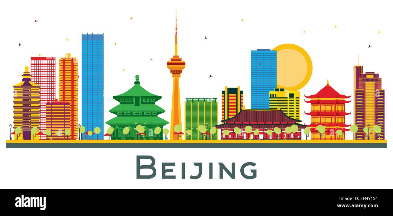 Beijing China City Skyline with Color Buildings Isolated on White ...