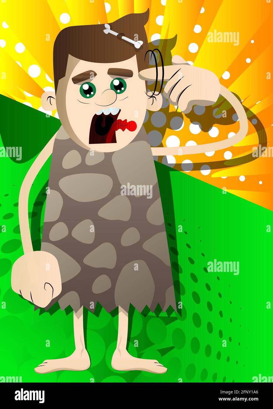 Cartoon prehistoric man shows a you're nuts gesture by twisting his ...