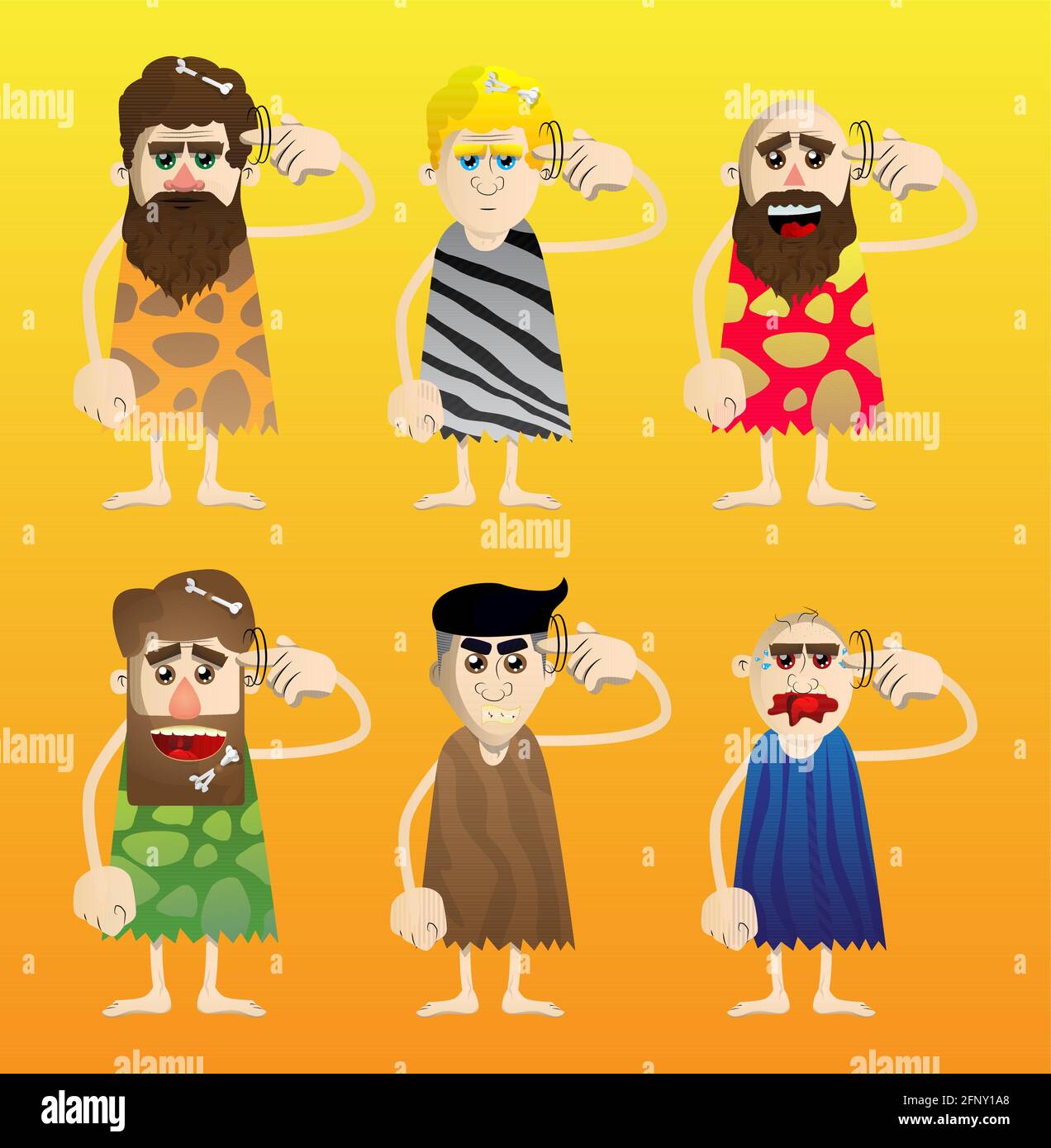 Cartoon prehistoric man shows a you're nuts gesture by twisting his ...