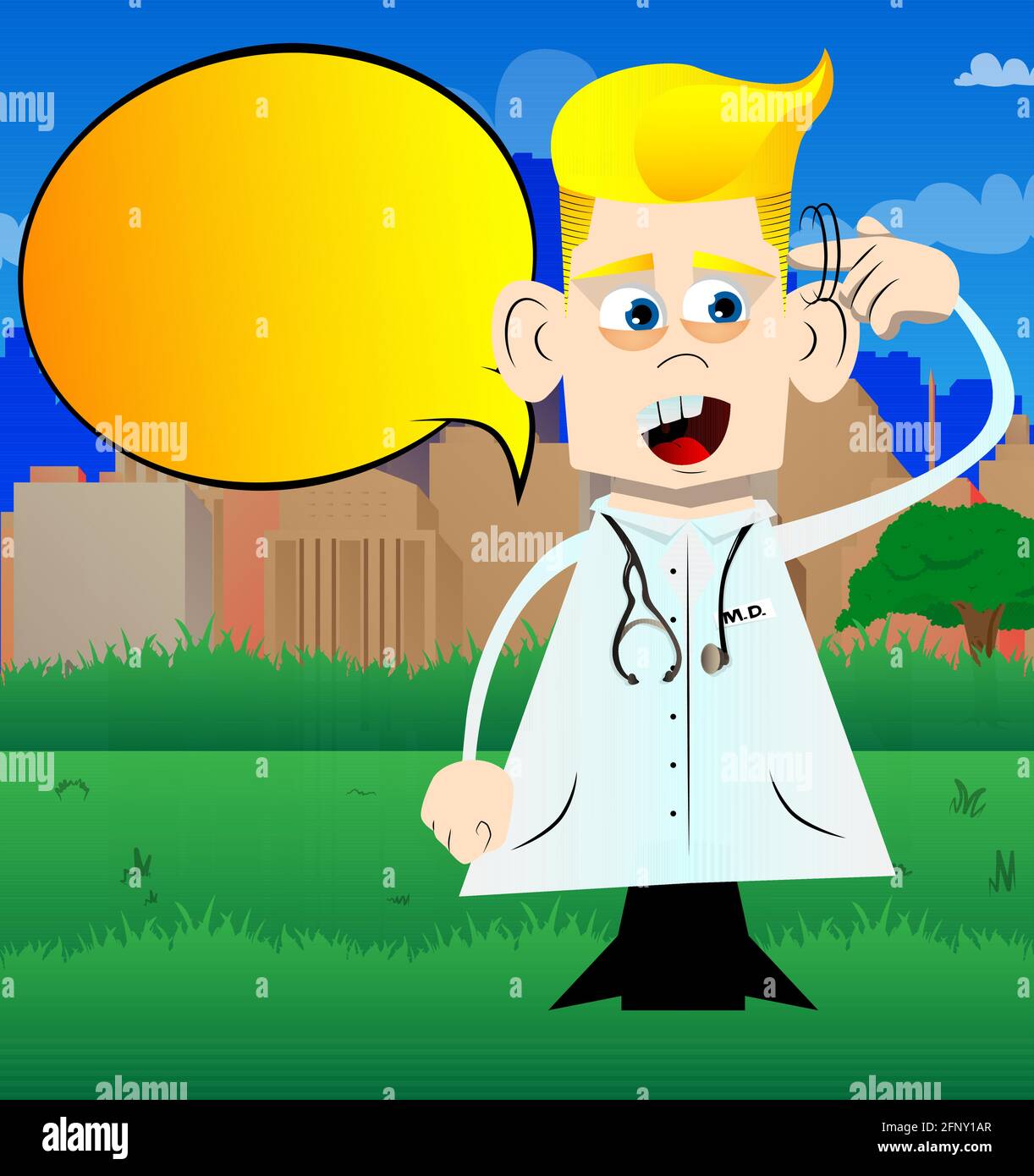 Funny cartoon doctor shows a you're nuts gesture by twisting his finger ...