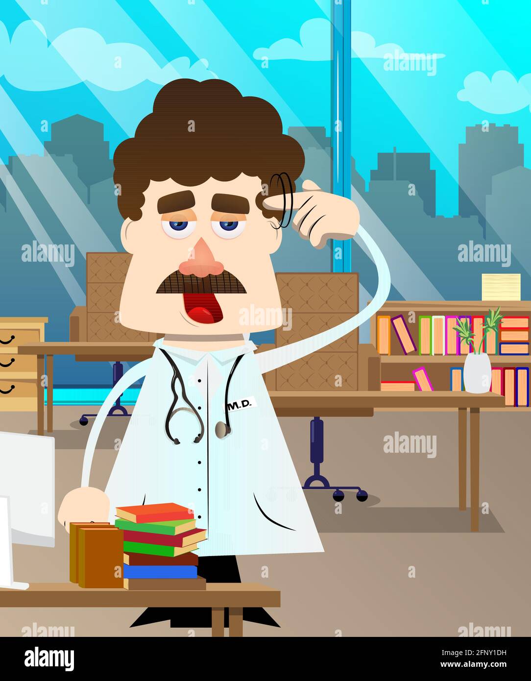 Funny cartoon doctor shows a you're nuts gesture by twisting his finger ...