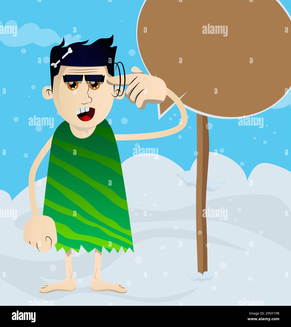 Cartoon prehistoric man shows a you're nuts gesture by twisting his ...