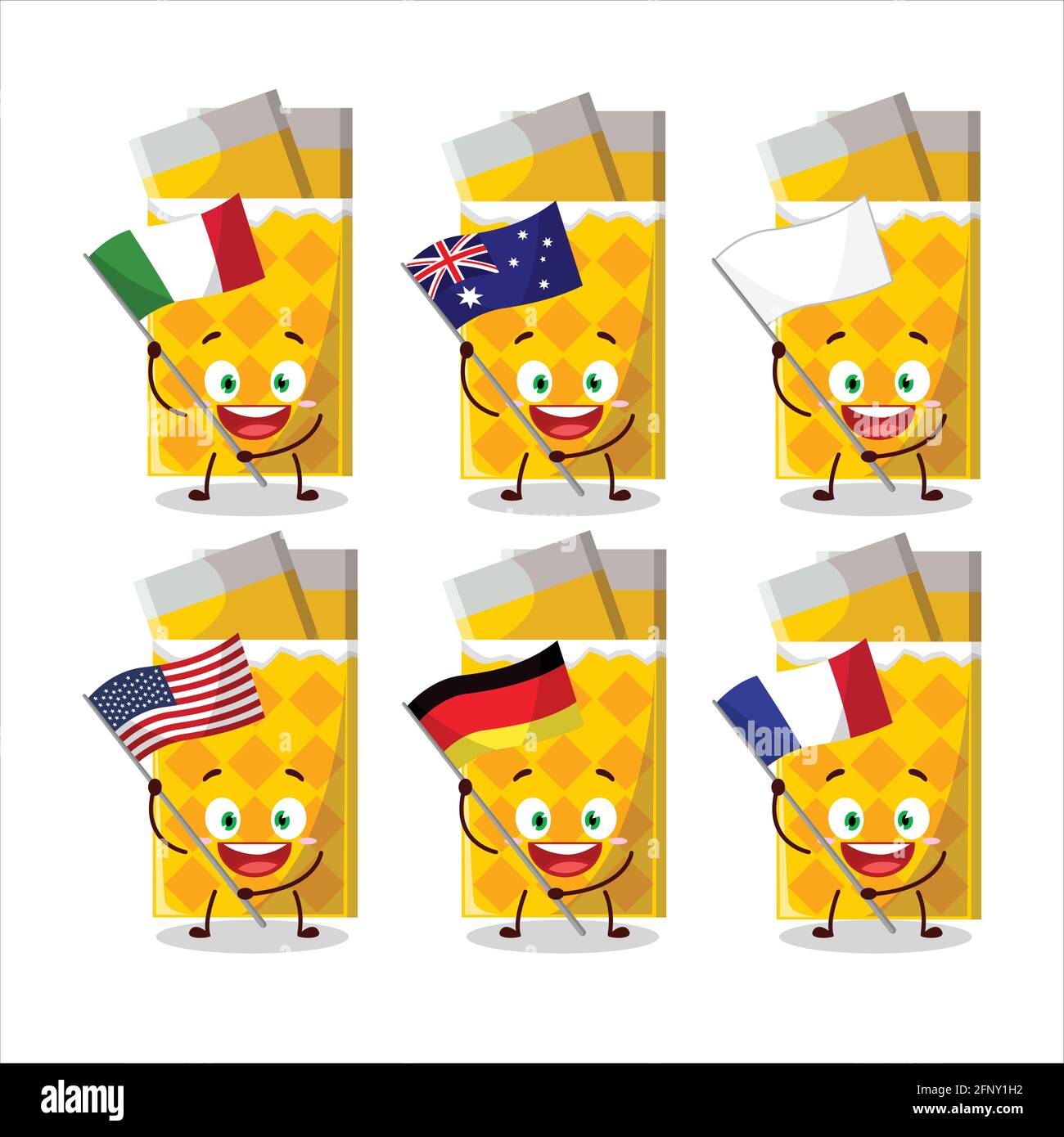 Yellow bubble gum cartoon character bring the flags of various ...