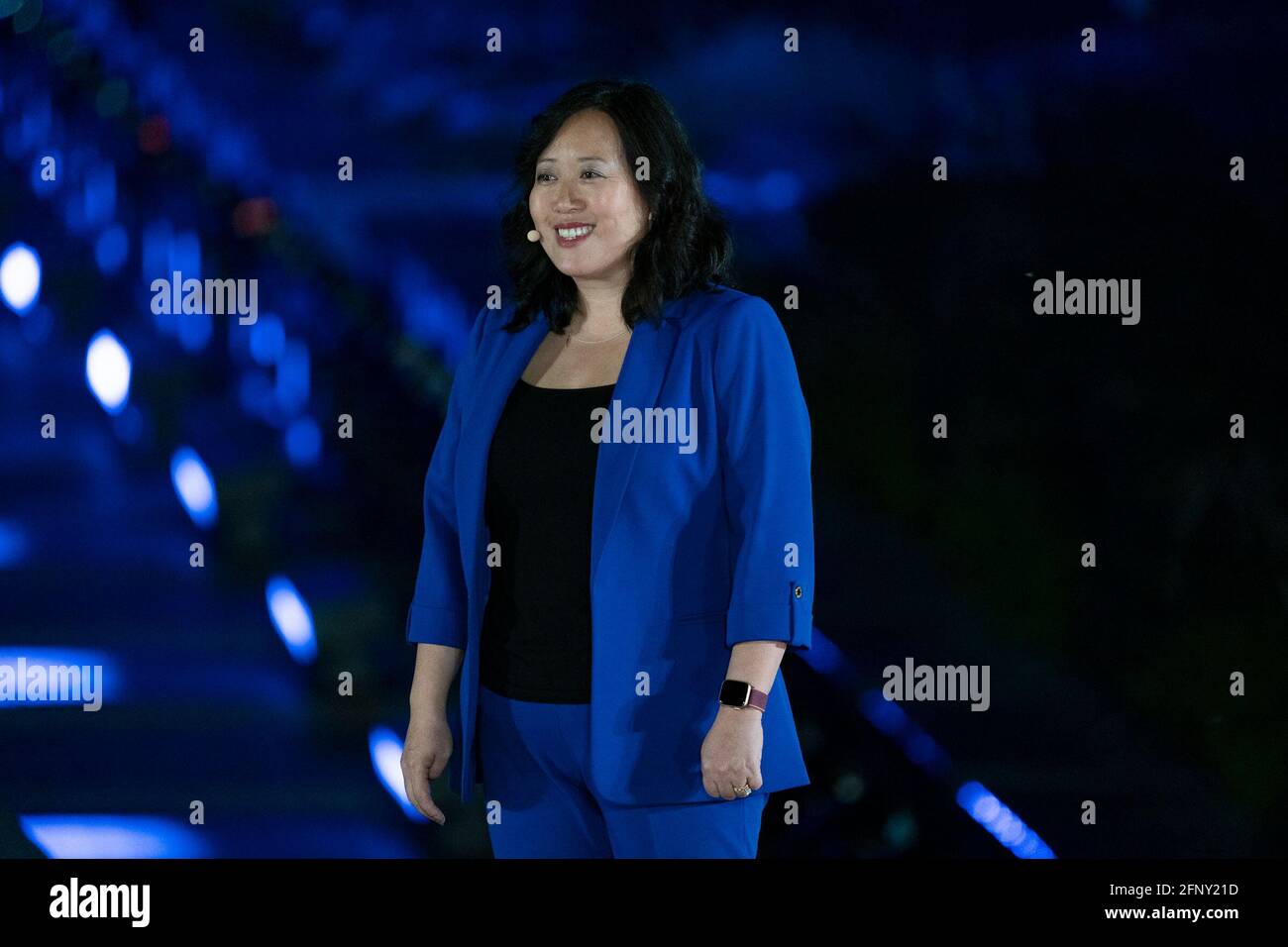 Ford F-150 Lightning chief engineer Linda Zhang speaks at an event to ...