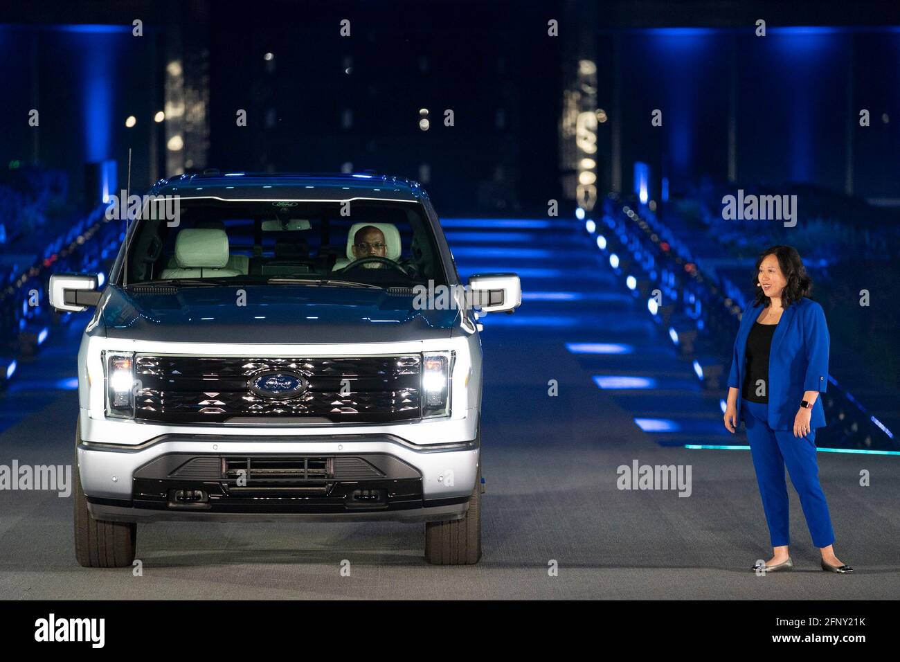 Ford F-150 Lightning chief engineer Linda Zhang speaks at an event to ...