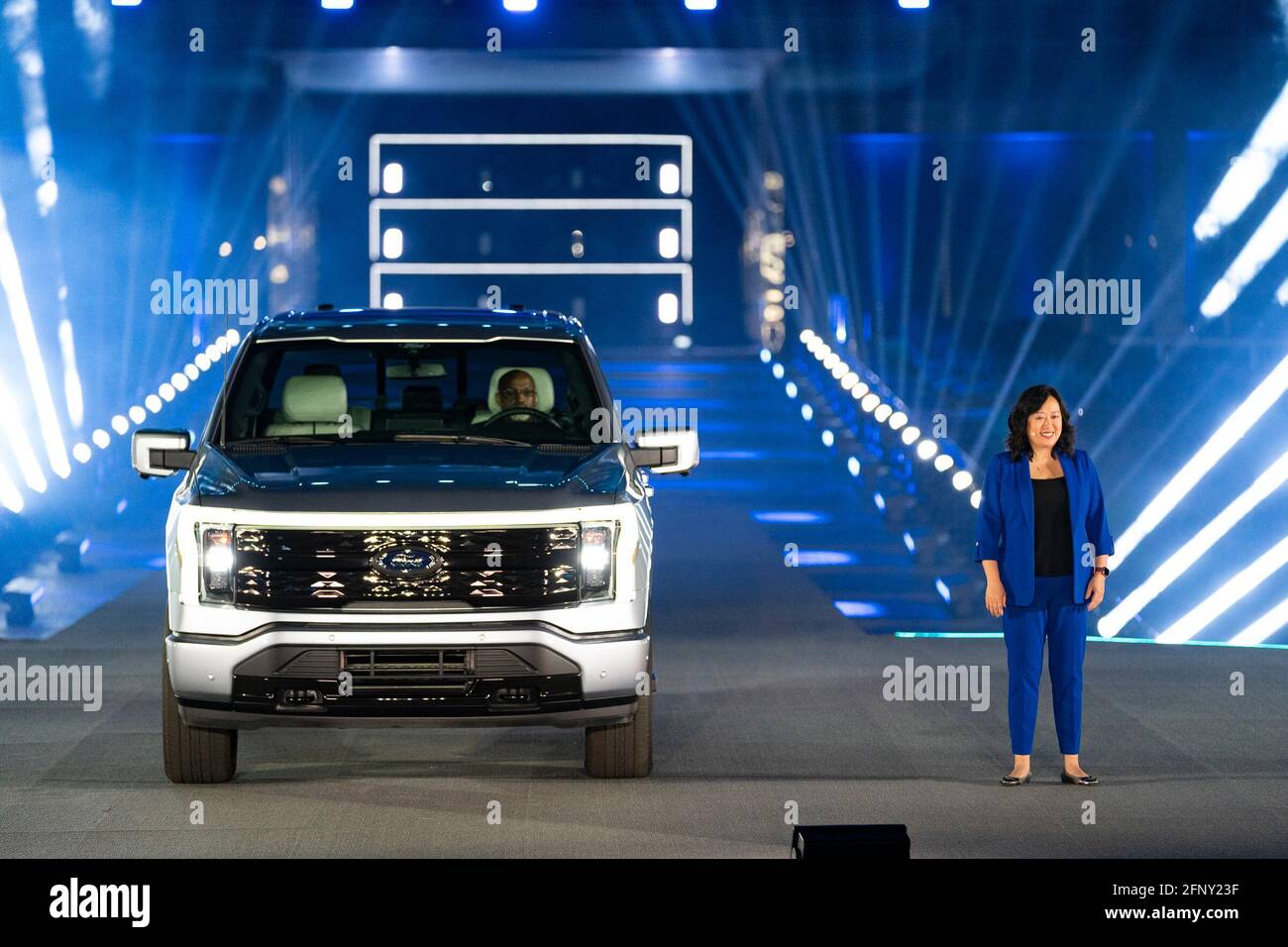 Ford F-150 Lightning chief engineer Linda Zhang speaks at an event to ...