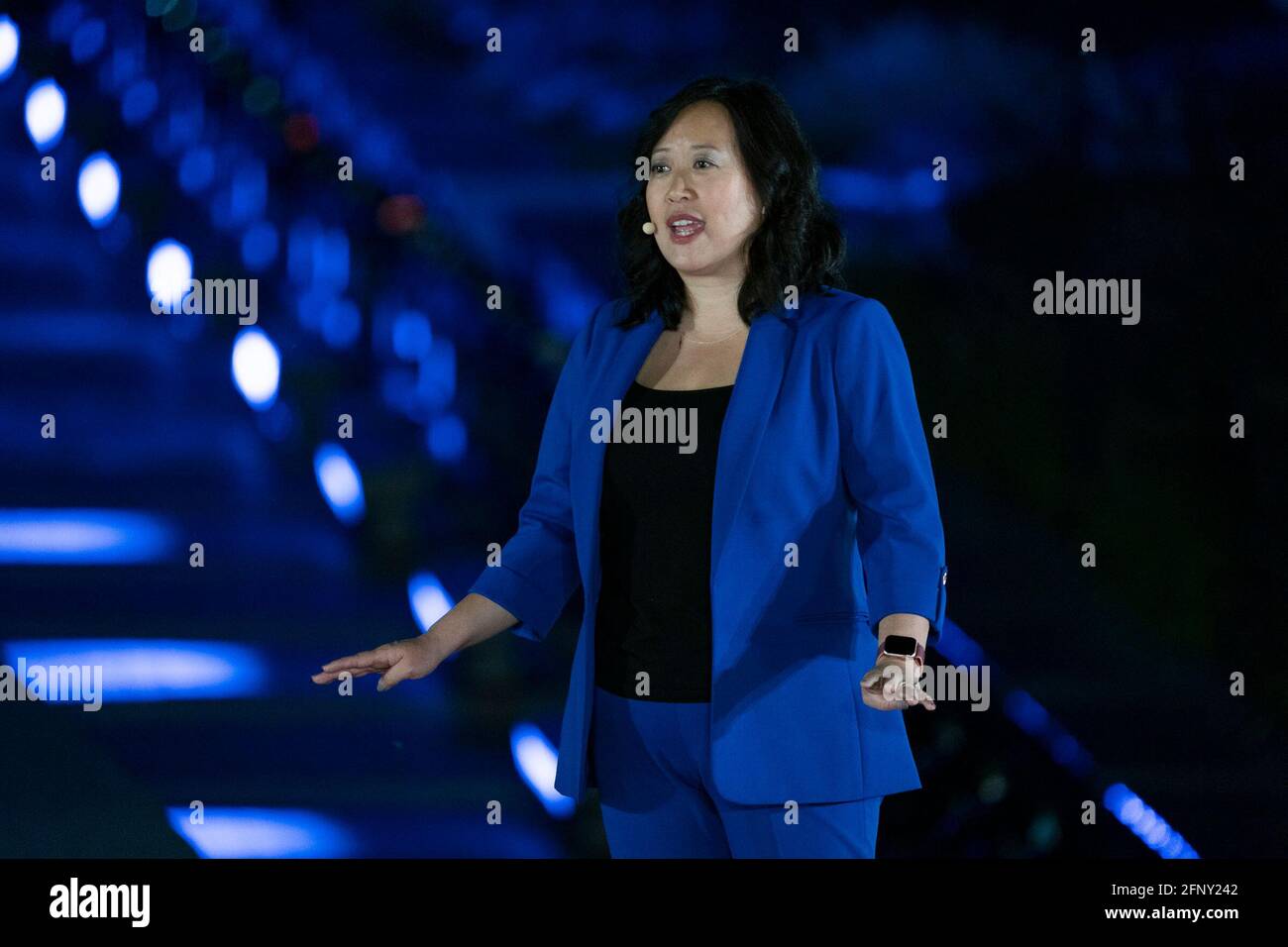 Ford F-150 Lightning chief engineer Linda Zhang speaks at an event to ...