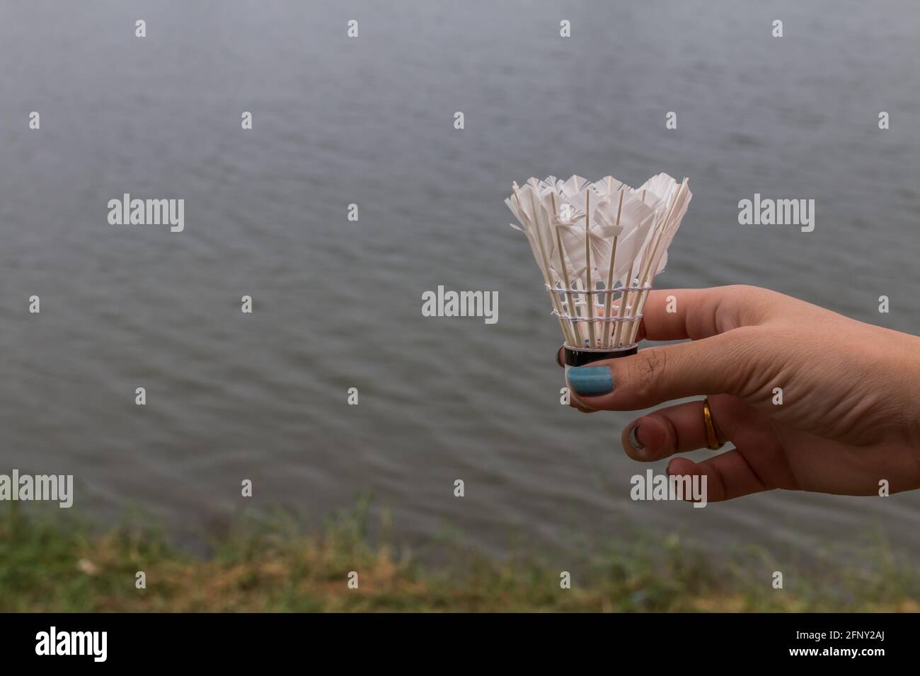 Female hand hold shuttlecock ,Badminton ball on water background Stock ...