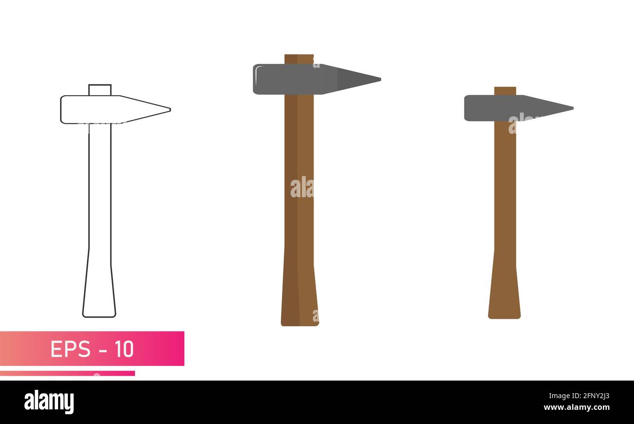 A set of hammers, with a pointed part on one side and a wooden handle ...