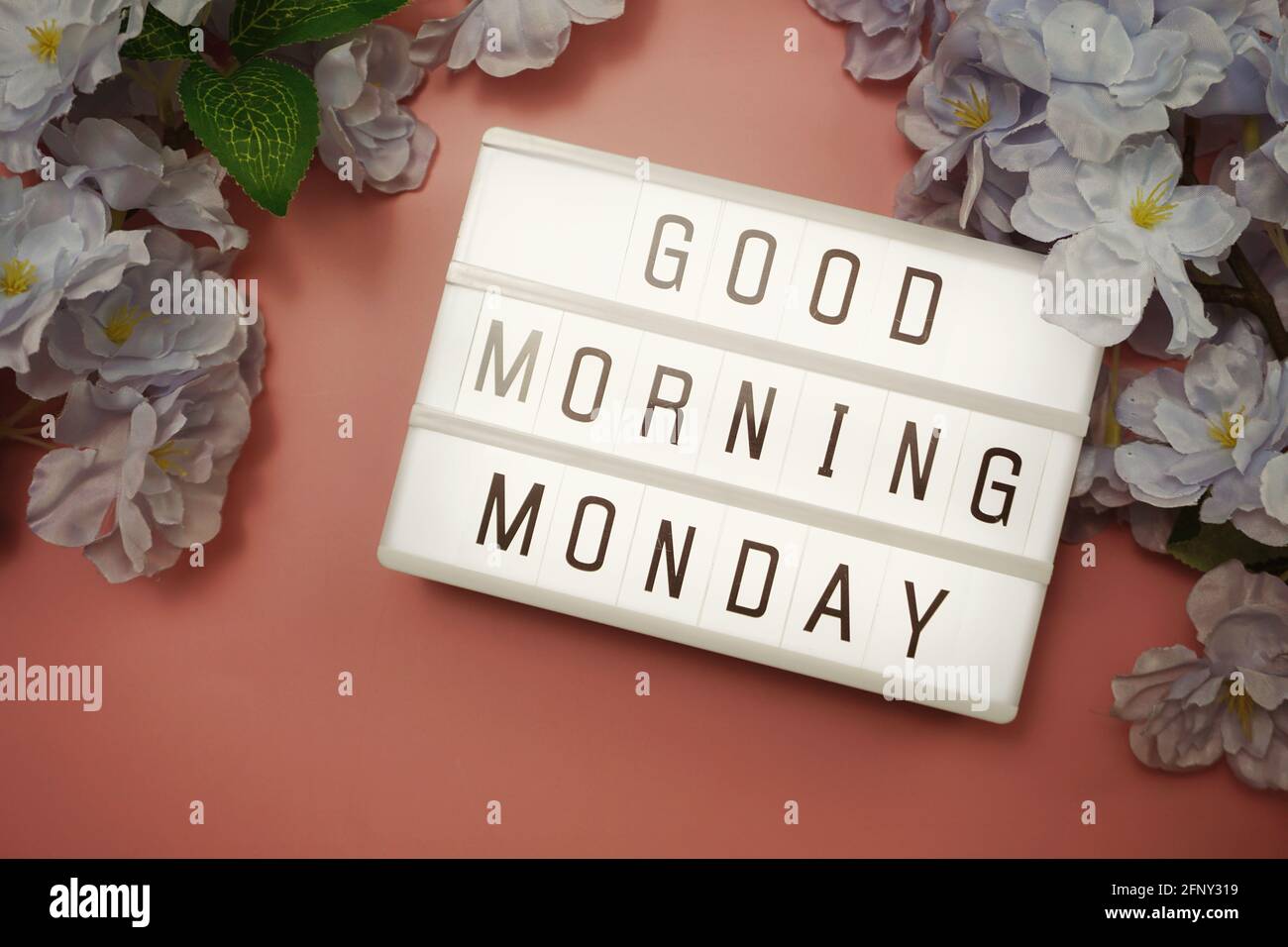 Good Morning Monday word in light box with Flowers Decoration on pink ...