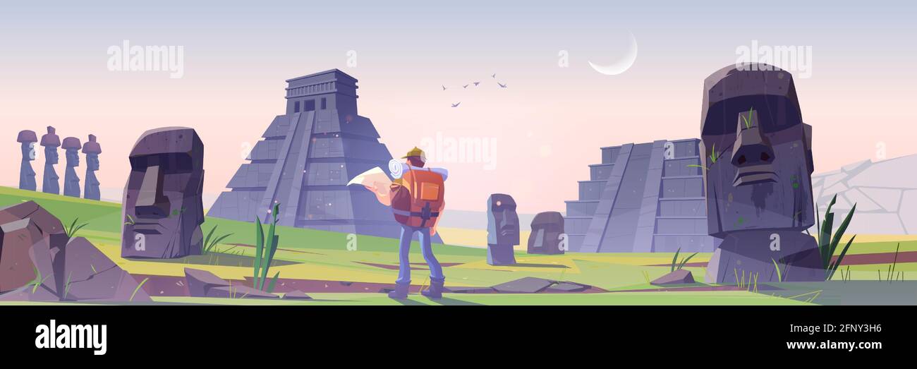 Hiker man on Easter island with ancient mayan pyramids and moai statue ...