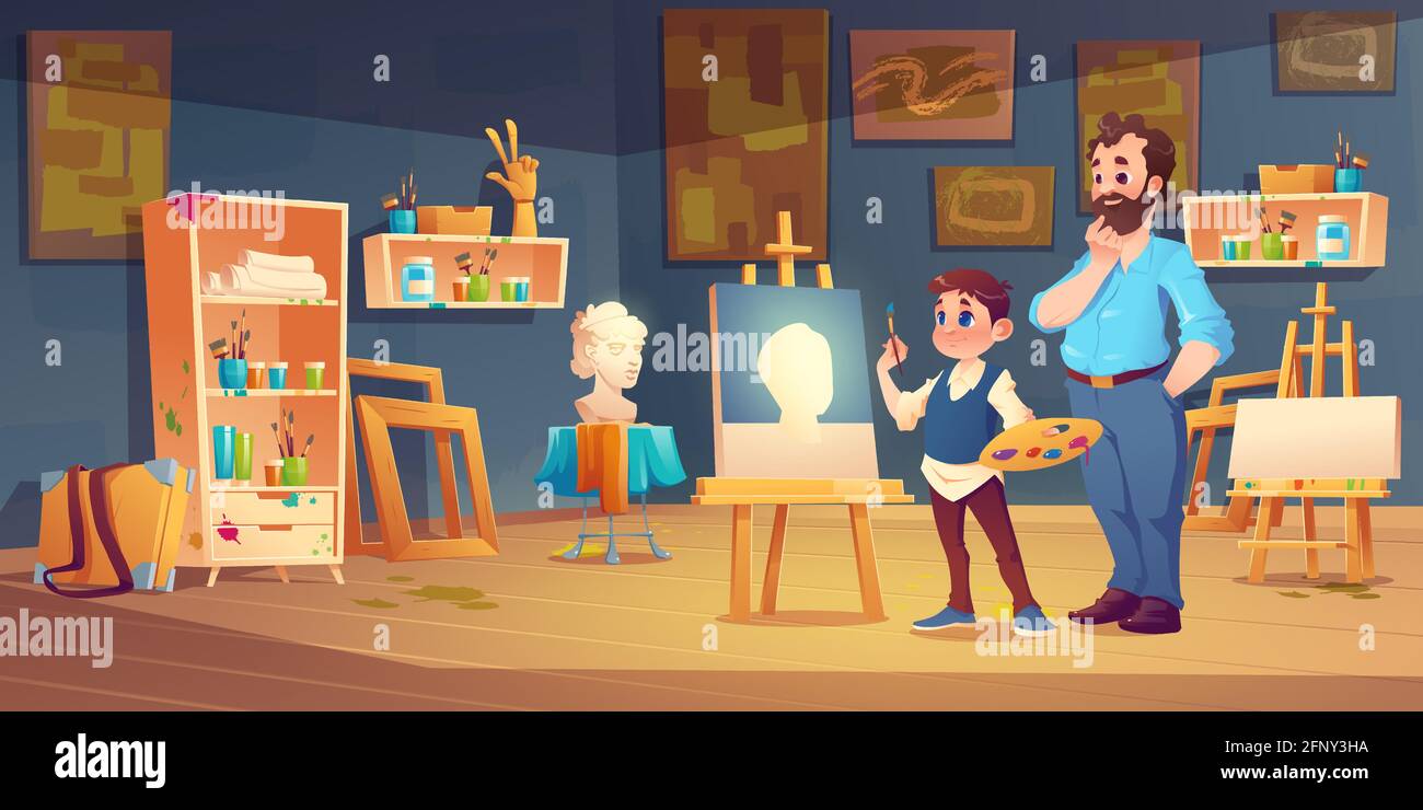 Art class scene with child studying painting with teacher support ...