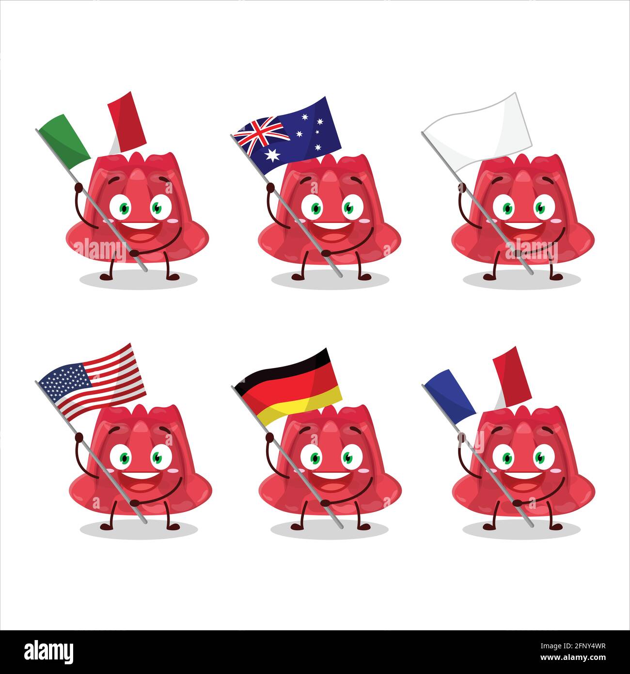 Red pudding cartoon character bring the flags of various countries ...