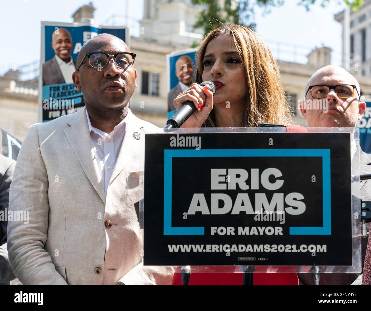 Assembly member Jenifer Rajkumar speaks at Mayoral candidate Eric Adams ...