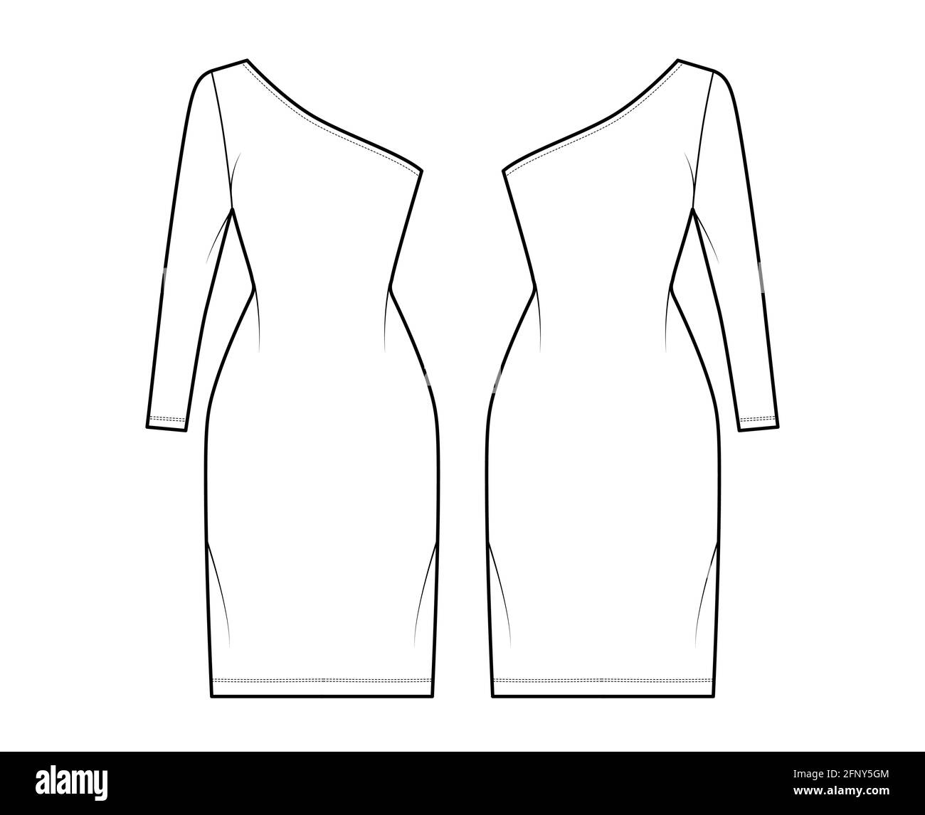 Dress one shoulder technical fashion illustration with long sleeve ...