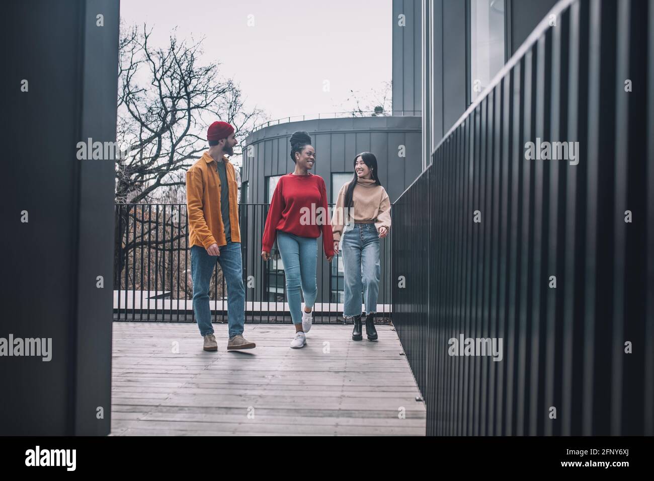 Three friends walking together and feeling good Stock Photo - Alamy