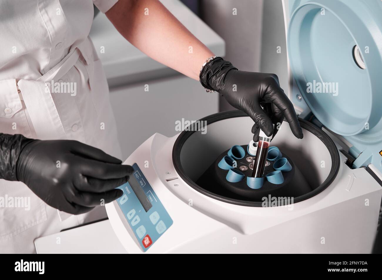 Close up of scientist hands in black sterile gloves placing test tube ...