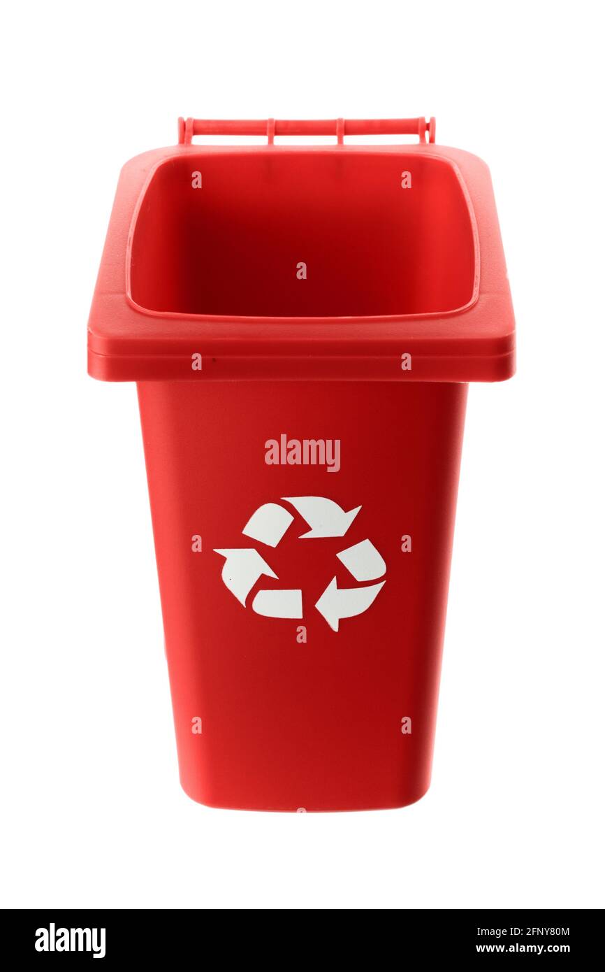 Plastic red trash can isolated on white background Stock Photo - Alamy