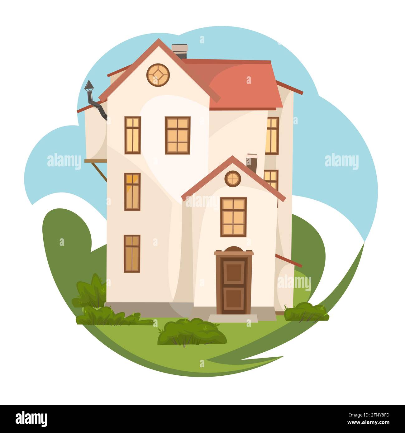 Cartoon house in the meadow. Cozy rustic dwelling in a traditional ...