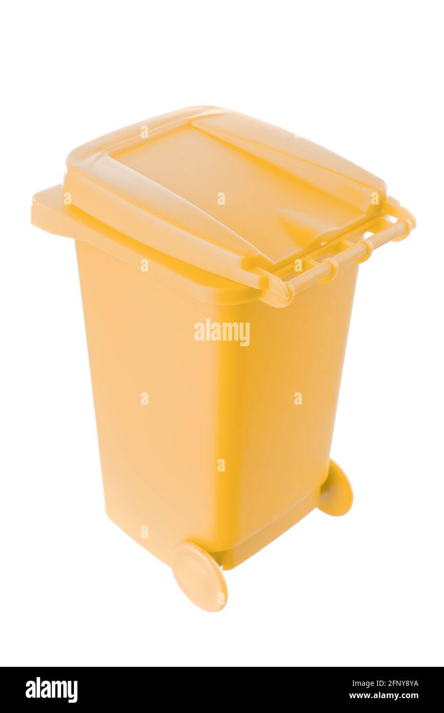 Plastic yellow trash can isolated on white background Stock Photo - Alamy