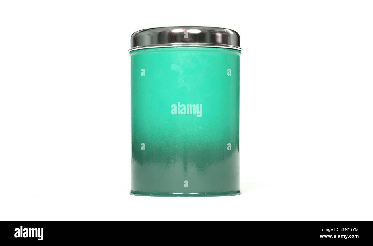 Old green tin can, isolated on white background Stock Photo - Alamy