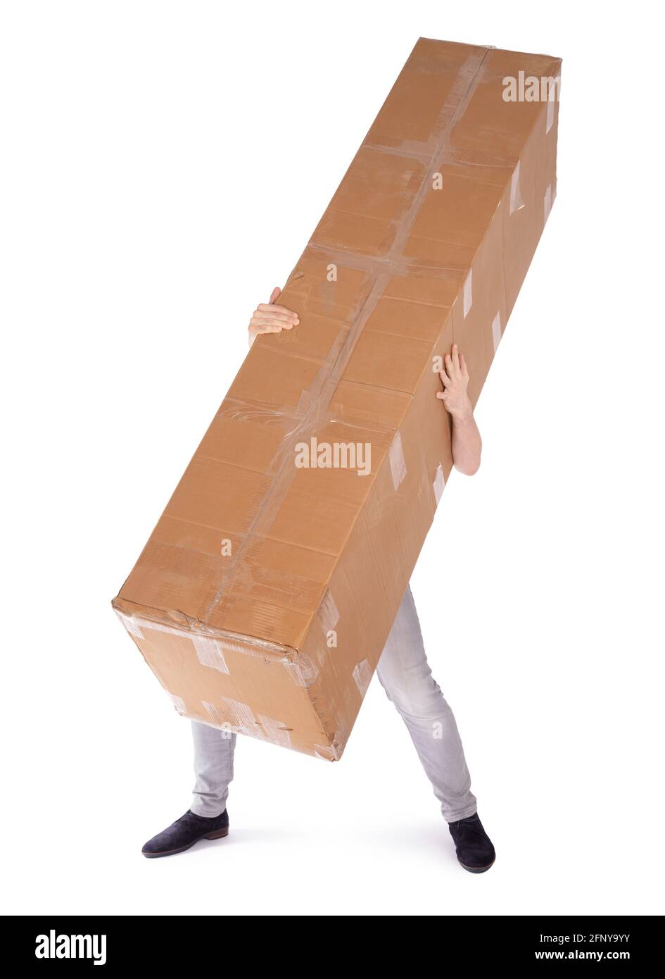 Man carrying a oversized cardboard box, isolated on white Stock Photo ...