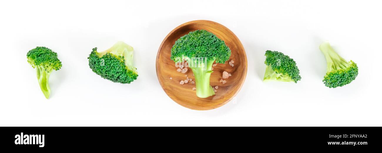 Broccoli flat lay composition, overhead flat lay shot on a white ...