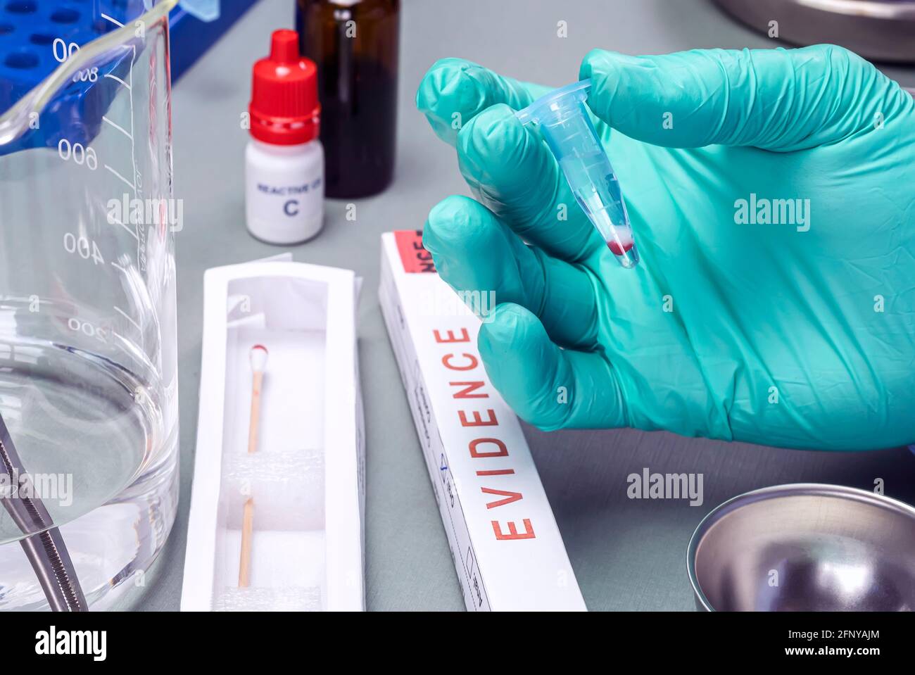 Police scientist holds vial with blood trace on swab to investigate ...