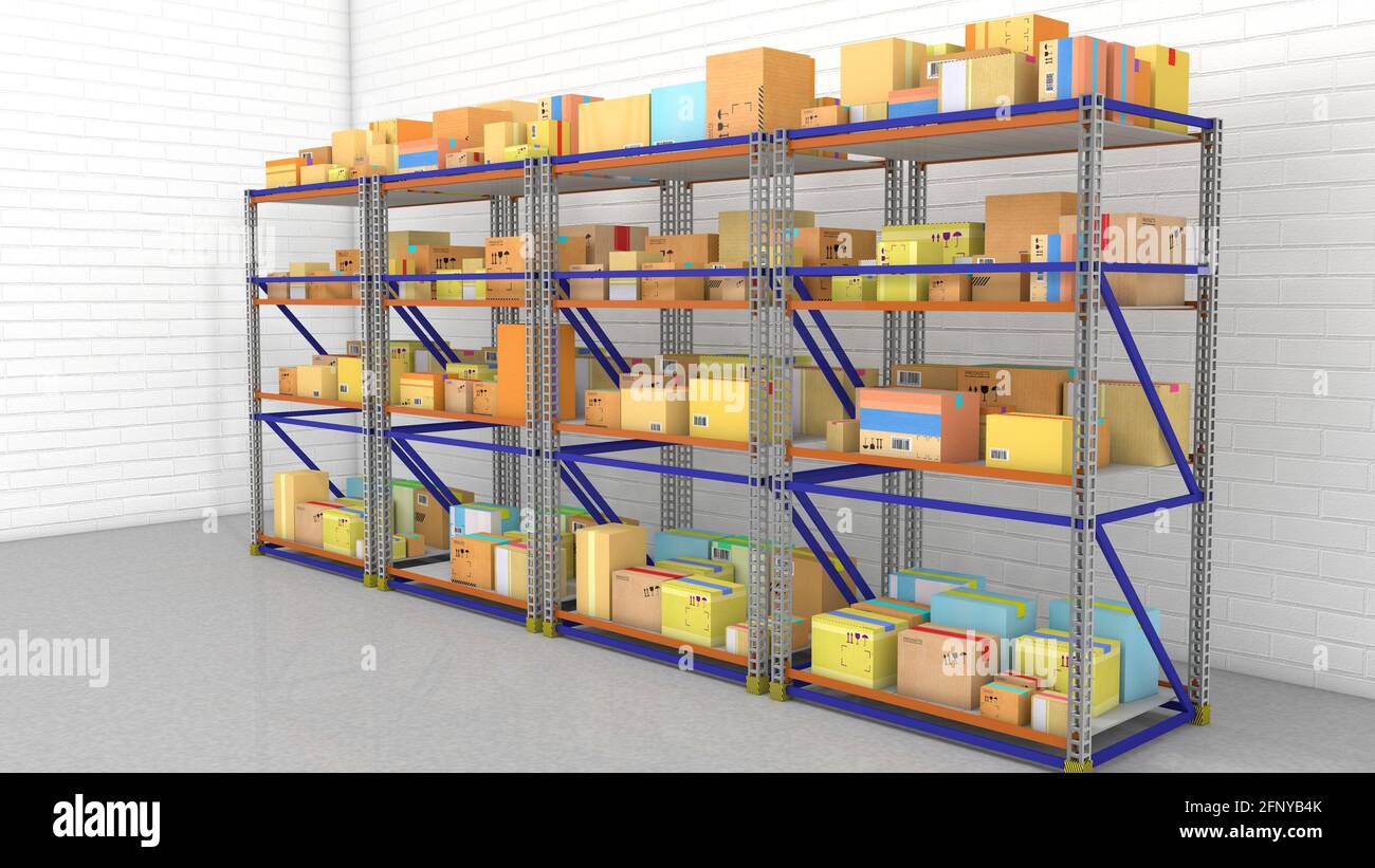 Warehouse with iron racks and boxes on them. 3d render Stock Photo - Alamy