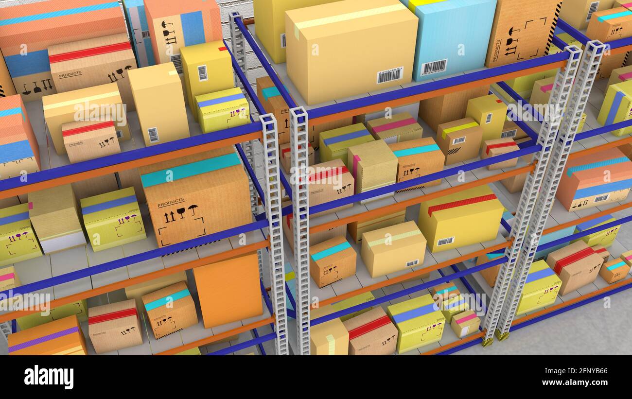 Warehouse with iron racks and boxes on them. 3d render Stock Photo - Alamy