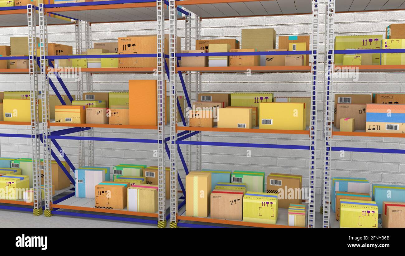 Warehouse with iron racks and boxes on them. 3d render Stock Photo - Alamy