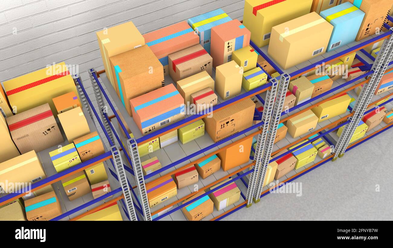 Warehouse with iron racks and boxes on them. 3d render Stock Photo - Alamy