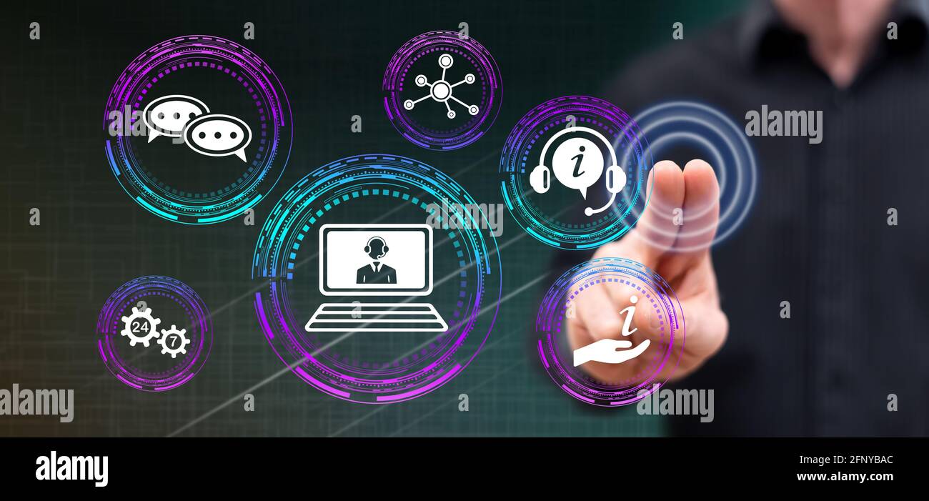 Man touching an online support concept on a touch screen with his ...