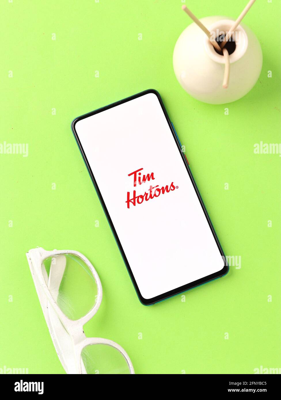 Assam, india - May 18, 2021 : Tim Hortons logo on phone screen stock ...