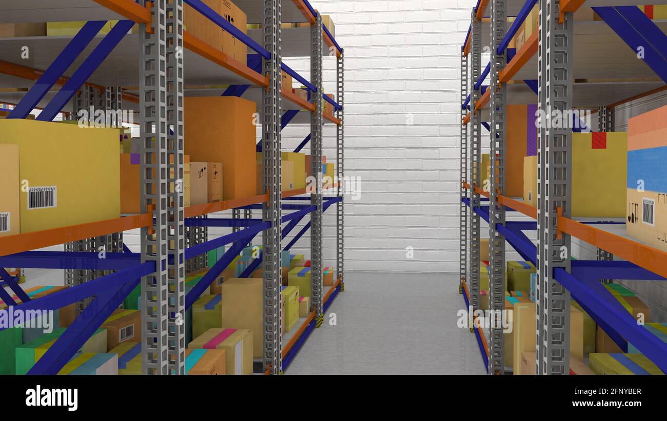 Warehouse with iron racks and boxes on them. 3d render Stock Photo - Alamy