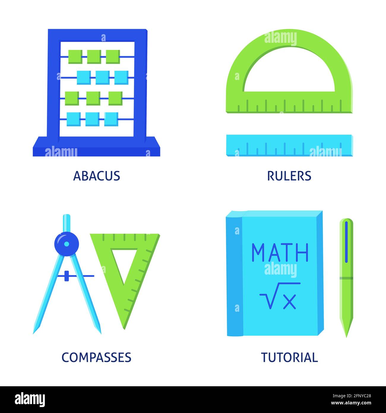 Math instruments icons set in flat style. Protractor and ruler ...