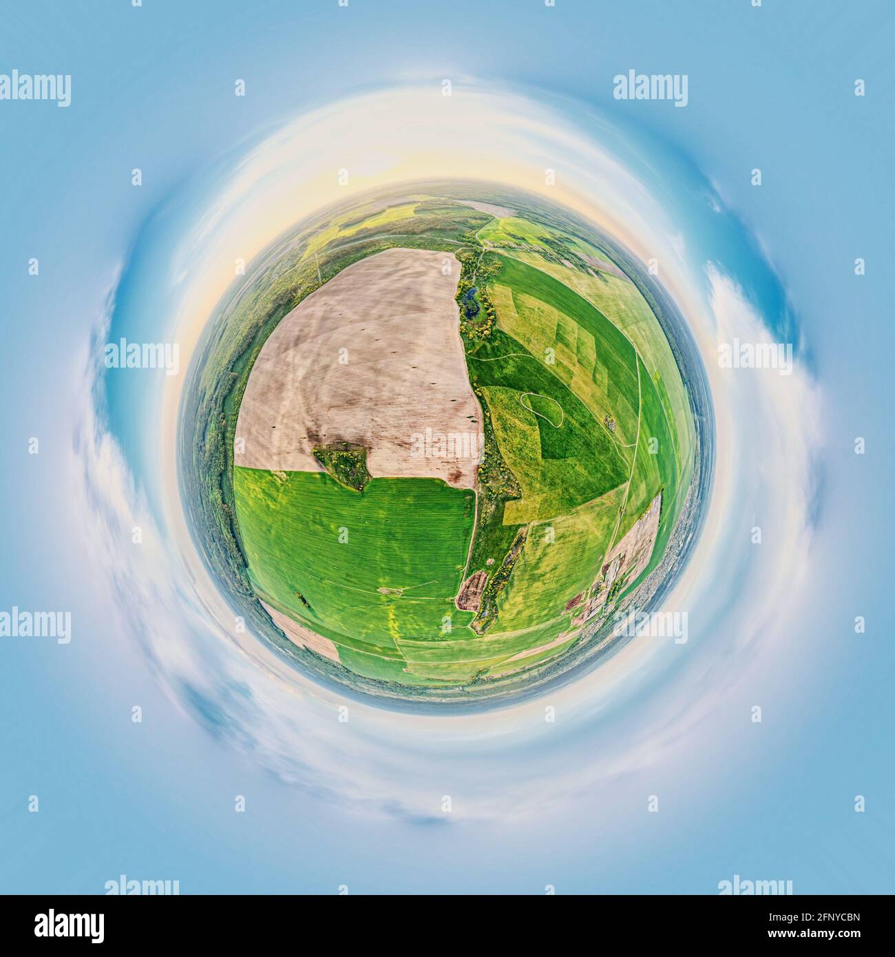 Spherical 360 degrees panorama of summer landscape with fields and ...