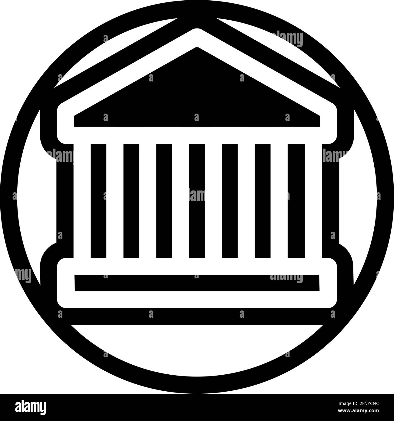 Bank icon in flat design with black color and outline on a line circle ...