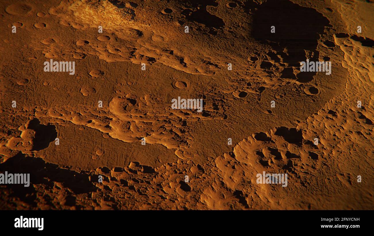 valley with craters on planet Mars, landscape on the red planet (3d ...