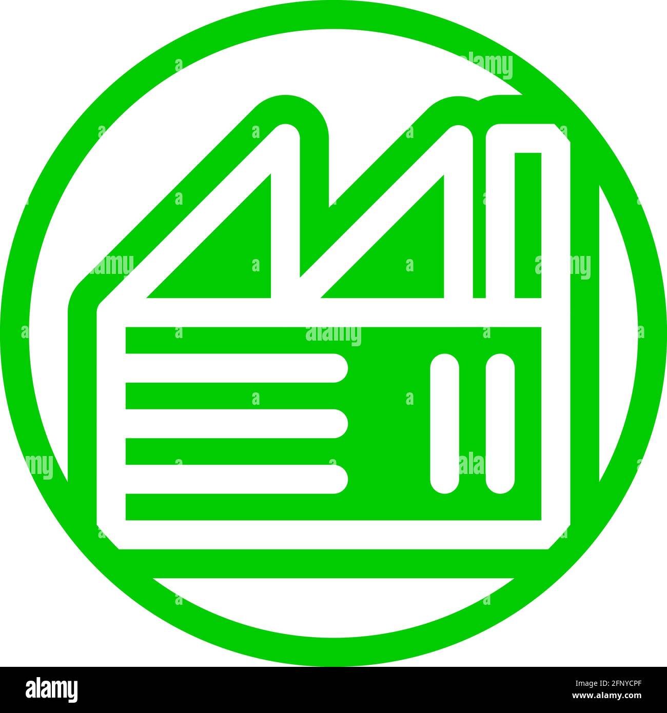 Factory icon in flat design with green color and outline on a line ...