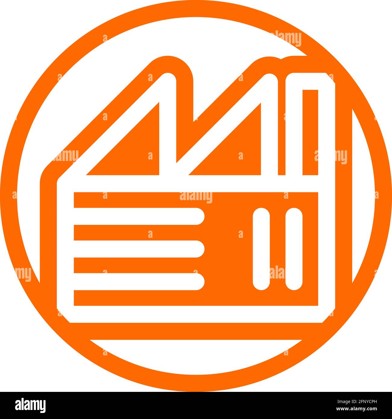 Factory icon in flat design with orange color and outline on a line ...