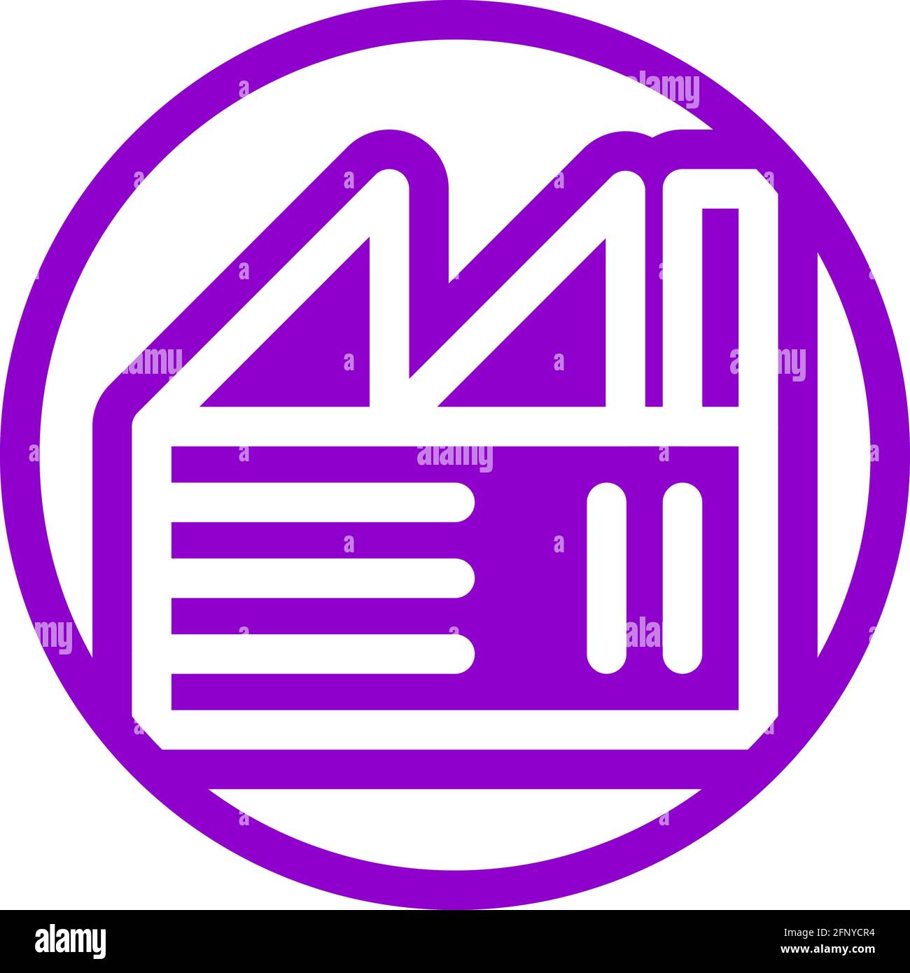 Factory icon in flat design with purple color and outline on a line ...