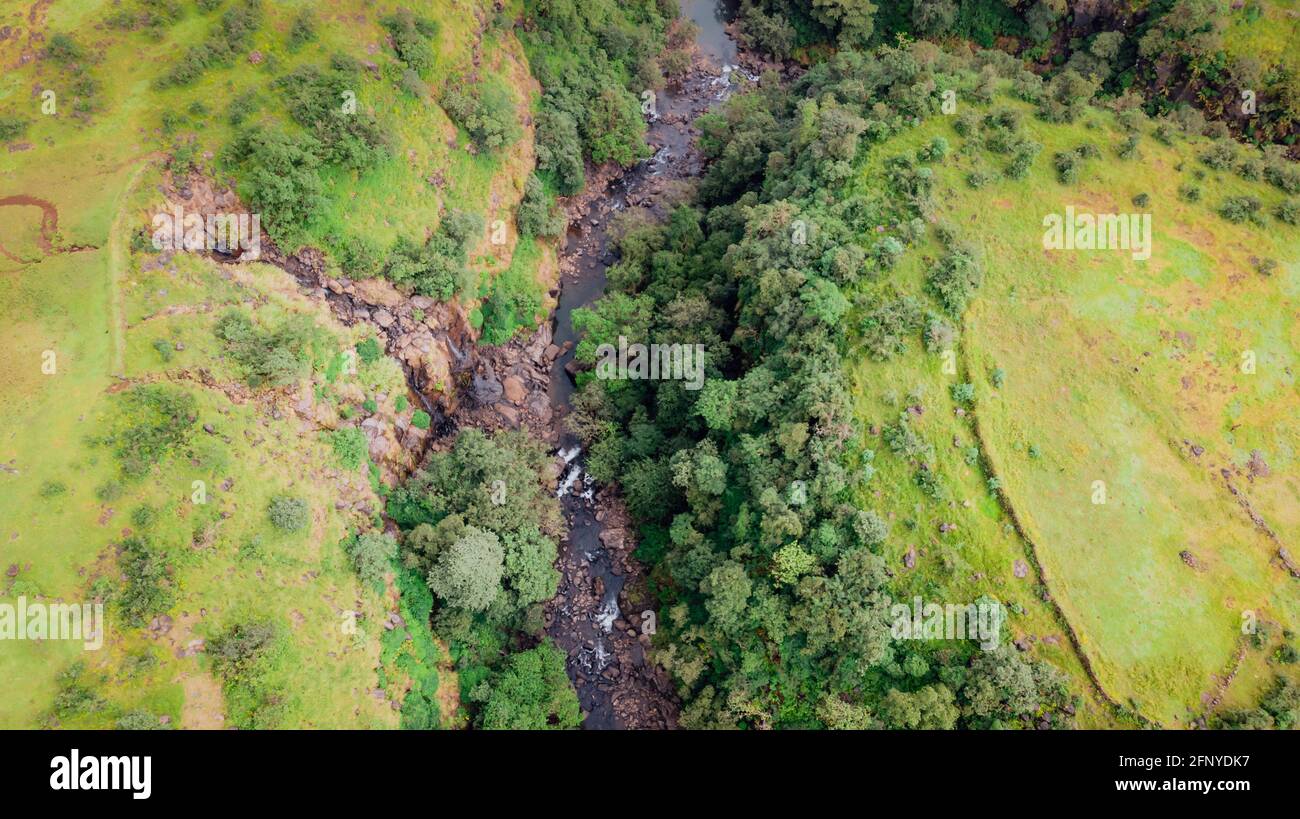 Aerial shot of a Kondwal waterfall, Bhimashankar, Maharashtra, India ...