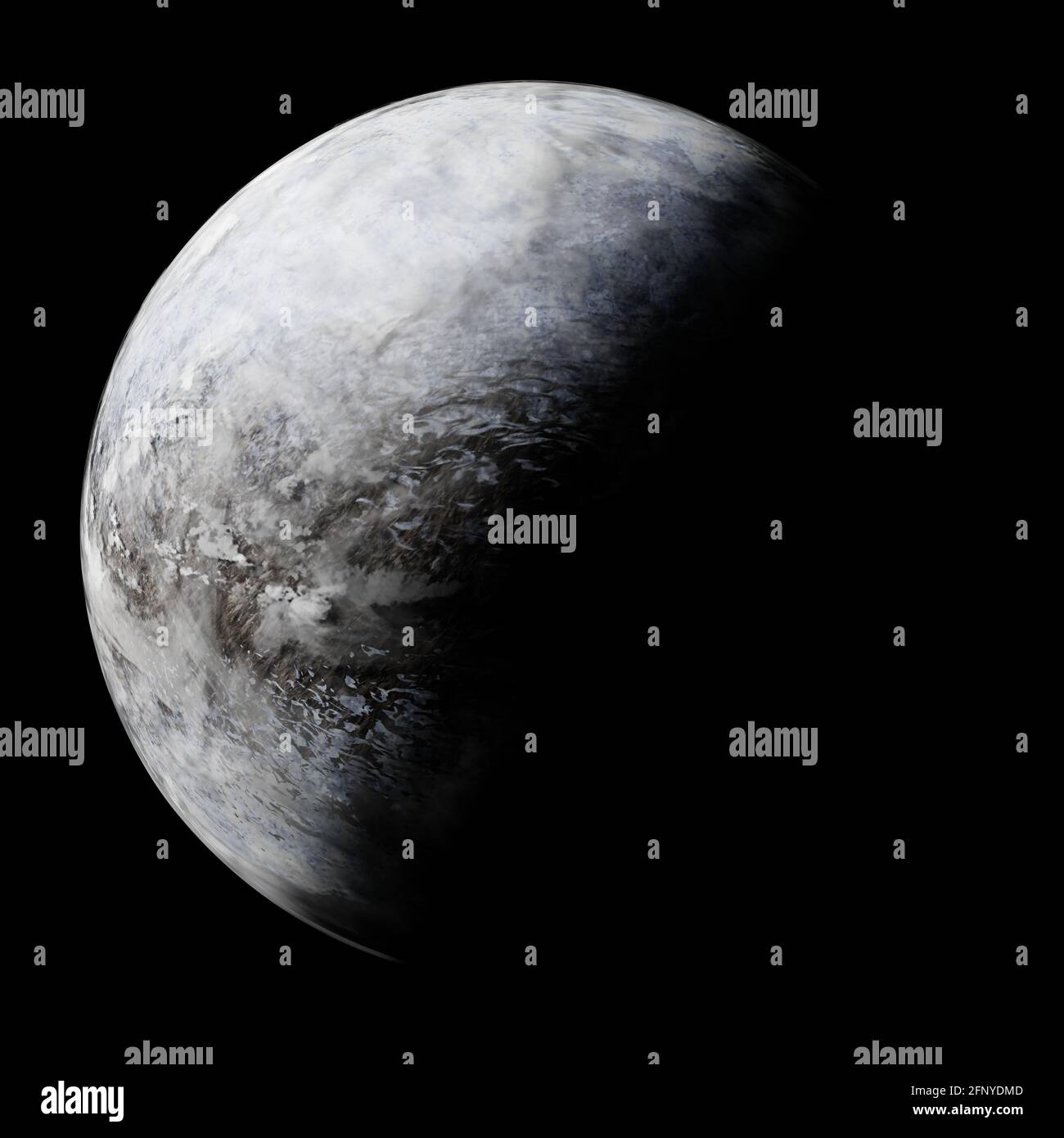 frozen alien planet, exoplanet covert in ice and snow isolated on black ...