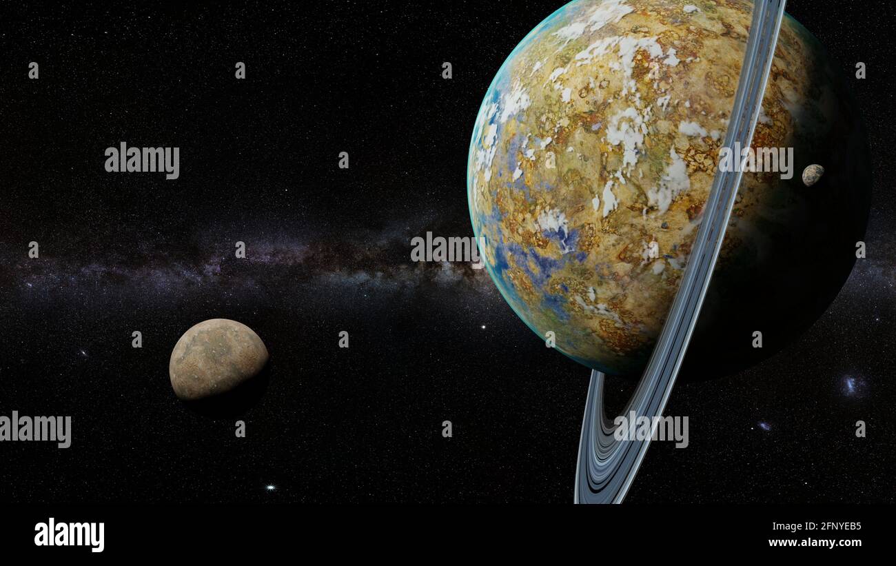 mysterious alien planet with ring system, exotic exoplanet with moons ...